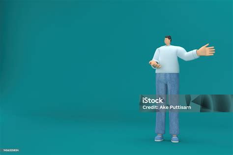 청바지와 긴 셔츠를 입은 만화 캐릭터 그는 말할 때 몸과 손의 표현입니다 연기의 3d 렌더링 3차원 형태에 대한 스톡 사진 및 기타 이미지 Istock