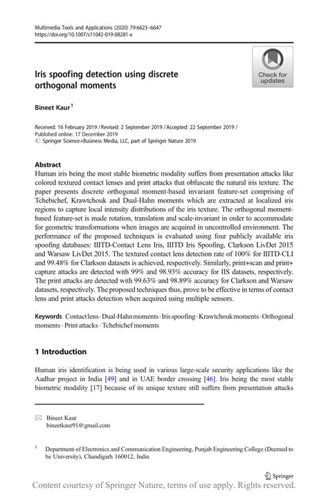 Iris Spoofing Detection Using Discrete Orthogonal Moments Request Pdf
