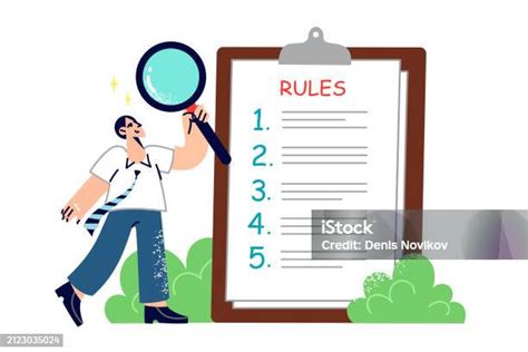 사업가가 돋보기를 손에 들고 직원 회사 규칙이 적힌 클립보드를 공부하고 있습니다 개념에 대한 스톡 벡터 아트 및 기타 이미지 개념 개념과 주제 검사 보기 Istock