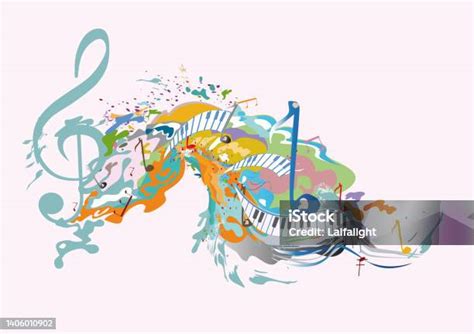 고음 음표와 다채로운 스플래시 노트와 파도추상 음악 디자인 다채로운 고음 음표 음악부호에 대한 스톡 벡터 아트 및 기타 이미지 음악부호 재즈 여름 Istock