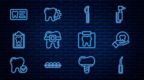 세트 라인 치과 탐색기 스케일러 치아 치실 중괄호 카드 치아의 X 선 및 치료 절차 아이콘치아 벡터 X 레이에 대한 스톡 벡터 아트 및 기타 이미지 Istock