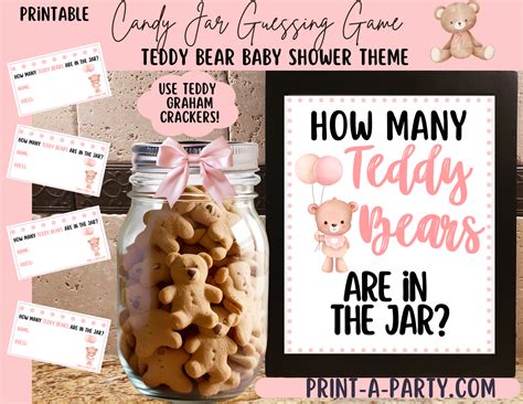 Teddy Bears Pink Candy Jar Guessing Game Printable Sign And Cards Fo