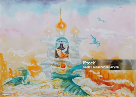 세련 된 그림 현대 작품 우화 나의 원래 회화 수채화 종이 인상파 판타지 공상 사원 구름에서 구름과 태양 광선의 푸른 하늘에서 성장 하는 갈매기를 비행 모던 양식에 대한