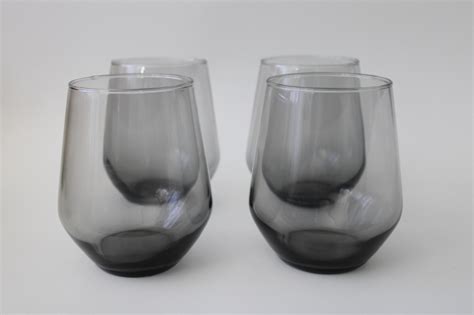 Mod Vintage Smoke Grey Glass Drinking Glasses Double Old Fashioned Large Tumblers