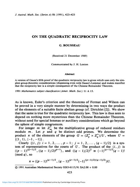 On The Quadratic Reciprocity Law Pdf Group Mathematics Group Theory