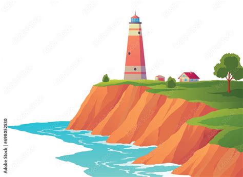 Lighthouse Sea Landscape Nautical Navigation Tower On Rocky Coast Ocean Beach With Beacon And