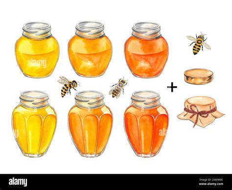Different Varieties Of Honey In Glass Jars Additionally For Independent Design Of The Lid And