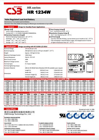 Csb Hr1234wf2 Battery 12v 9ah Agm 250 Terminals Hr 1234w F2