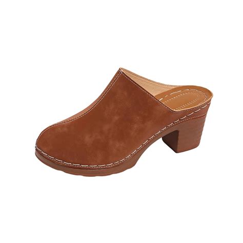 Brown Women Platform Mule Slippers With Chunky Heel Closed Toe For