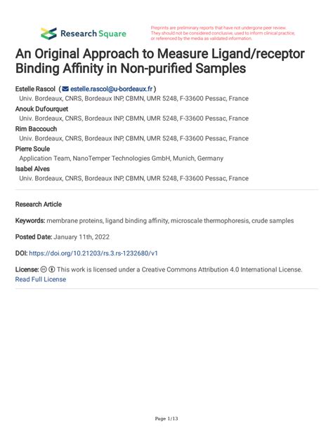 Pdf An Original Approach To Measure Ligandreceptor Binding Affinity