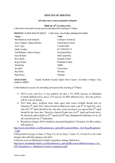 Minutes Template MINUTES OF MEETING All Senior Men Women And Junior