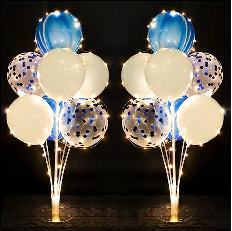 2 Sets Balloon Stand Kit Blue With String Light Table