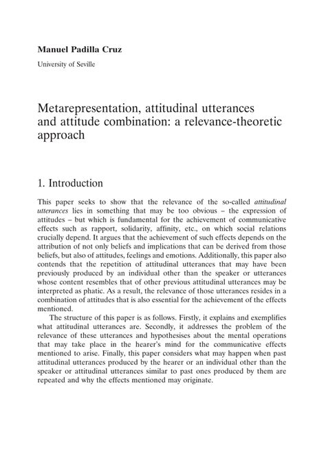 Pdf Metarepresentation Attitudinal Utterances And Attitude Combination A Relevance Theoretic