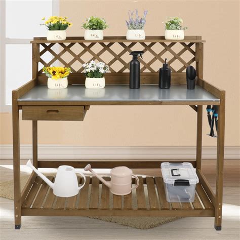 Cutuli Outdoor Garden Potting Bench Table Rolling Planting