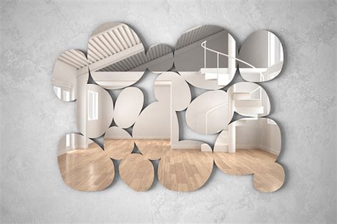 인테리어 디자인 현장 계단 밝은 빈 공간을 반영 벽에 매달려 자갈의 모양에 현대 거울 미니 멀 건축가 디자이너 개념 아이디어 0