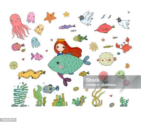 해양 일러스트 세트입니다 작은 귀여운 만화 인어 재미있는 물고기 불가사리 메모 조류 다양한 껍질과 게와 병 바다 테마입니다 흰색 배경에 격리된 개체입니다 개체 그룹에 대한
