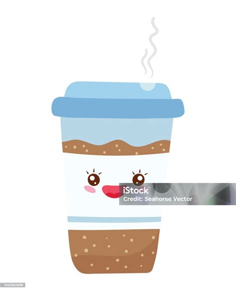 뜨거운 커피 따뜻한 음식 밝은 재미 가와이이 만화 스타일 일회용 유리 평면 벡터 일러스트 흰색에 고립 감정에 대한 스톡 벡터 아트 및 기타 이미지 Istock