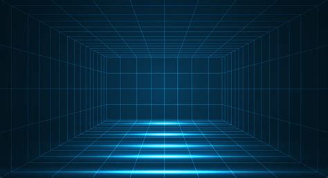 미래 지향적 인 3d 와이어 프레임 룸 원근감 그리드 가상 현실의 미래 지향적 인 디지털 복도 공간 가정의 방에 대한 스톡 벡터 아트 및 기타 이미지 Istock