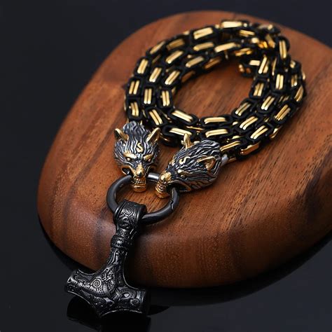 Mkendn Men Stainless Steel Wolf Head Norse Viking Amulet Thor Hammer P