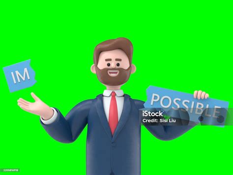 수염을 기른 미국 사업가 Bob의 3d 일러스트레이션은 불가능이라는 단어가 적힌 보드를 부수고 푸티지와 클리핑 경로를 위해 그린 스크린에서 렌더링possible3d라는