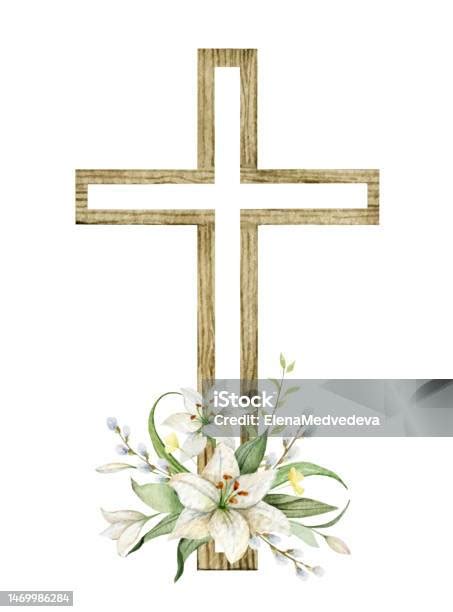 기독교 벡터 십자가는 녹색 잎과 흰색 백합 꽃으로 만들어졌습니다 부활절 주현절 세례식 초대장 엽서 포장을 위한 디자인을 위한 수채화 그림 백합에 대한 스톡 벡터 아트 및