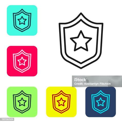 흰색 배경에 격리 된 검은 줄 경찰 배지 아이콘 보안관 배지 기호 별 기호가 있는 방패 색상 정사각형 단추로 아이콘을 설정합니다 벡터 감시에 대한 스톡 벡터 아트 및 기타