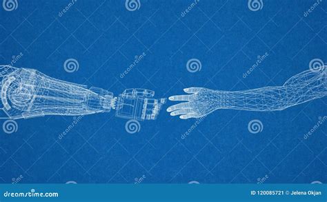 Robotic And Human Hands Design Architect Blueprint Stock Image Image Of Cooperation