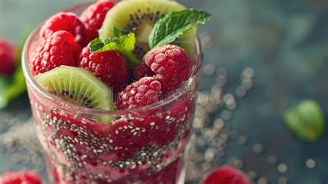 Raspberry And Kiwi Smoothie With Chia Seeds In Glass Close Up Food