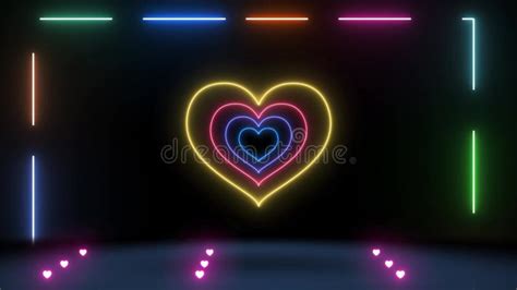 Neon Heart Shape With Beautiful 3d Stage Animation Glowing Neon Disco Background Neon Stage