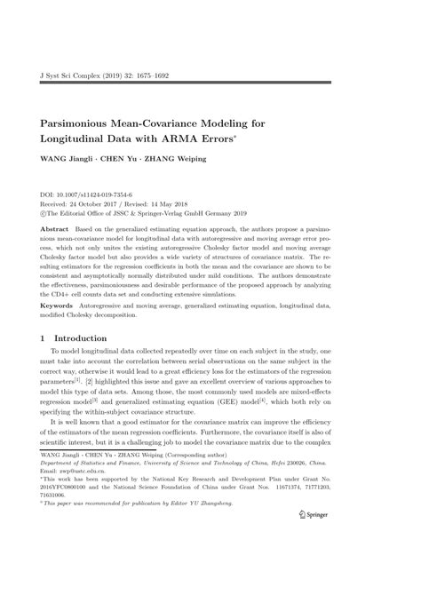 Pdf Parsimonious Mean Covariance Modeling For Longitudinal Data With Arma Errors