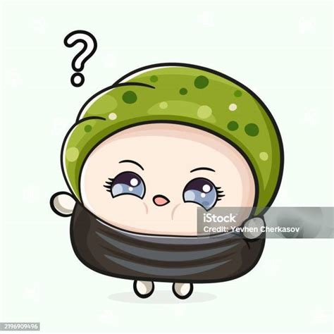초밥과 물음표 벡터 손으로 그린 만화 Kawaii 캐릭터 일러스트 아이콘 벽지 연한 녹색 배경에 고립되어 있습니다 초밥 캐릭터 컨셉 0명에 대한 스톡 벡터 아트 및 기타
