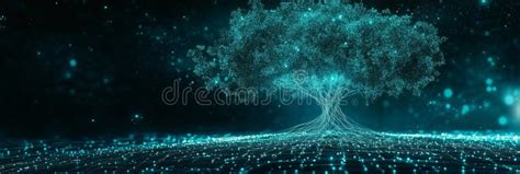 Abstract Glowing Tree Of Life With Neural Network Roots Growth And Connection Concept Stock