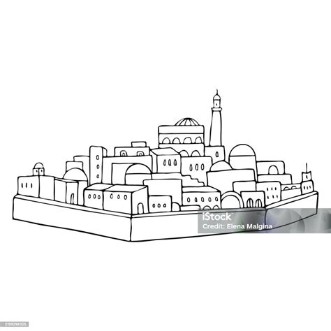 사우디 아라비아 에미리트 이집트 또는 요르단의 아랍 오래된 도시 풍경 흑인과 백인 중동 모스크 첨탑 주택 및 벽과 전통적인 이슬람 건축의 잉크 라인 스케치 0명에 대한 스톡
