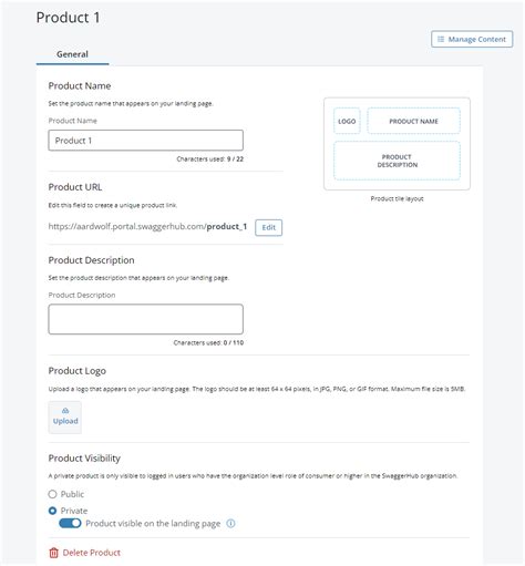 Products Settings Page SwaggerHub Documentation