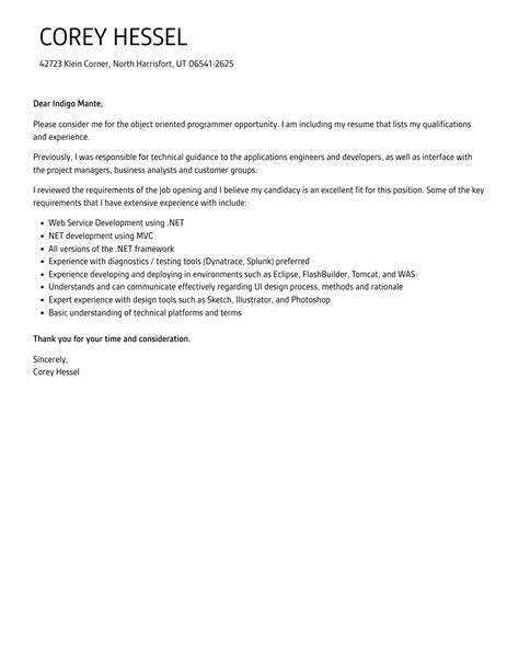 Object Oriented Programmer Cover Letter Velvet Jobs