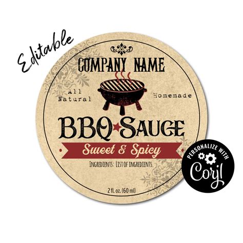 Bbq Sauce Label With Grill Editable Circle Label Edit Label Template