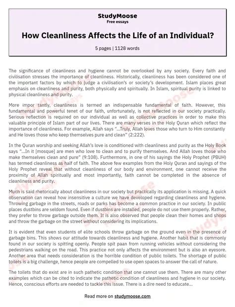 How Cleanliness Affects The Life Of An Individual Free Essay Example