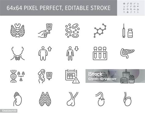 내분비학 라인 아이콘 벡터 일러스트는 아이콘을 포함 갑상선 인슐린 주사기 부신 글루코머 당뇨병에 대한 Hypodynamia 개요