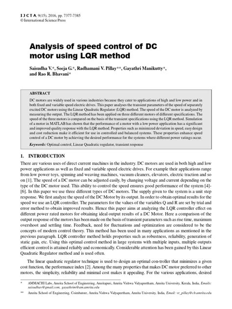 Analysis Of Speed Control Of Dc Motor Using Lqr Method Pdf Matrix Mathematics Control Theory