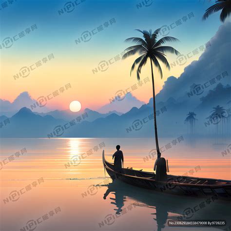 Ai创作图椰树 船 早上 太阳 一望无涯的海边 蓝天白云 昵图网
