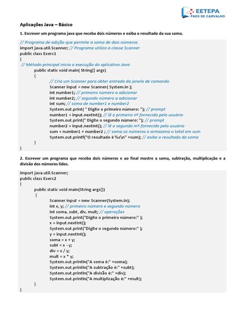 introdução à programação java exercícios básicos de entrada e saída de