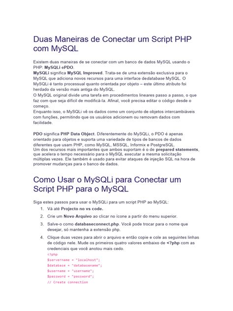 Como Conectar Um Arquivo Php Com Mysql Connect Pdf Php Bancos