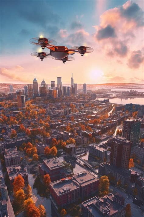 ai powered drone flying over a cityscape stock illustration