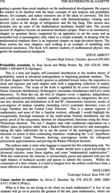 Linear Models In Statistics By Alvin C Rencher Pp 578 £54 95 2000 Isbn 0 471 31564 8