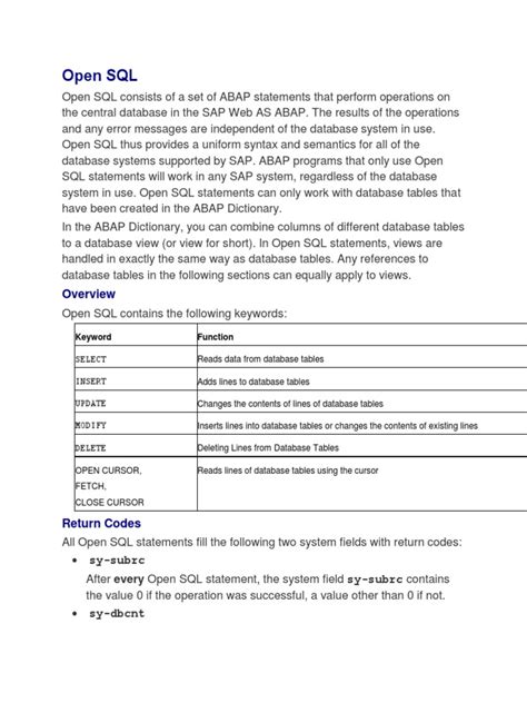 Open Sql Sy Subrc Sy Subrc Contains Sy Dbcnt Pdf Databases