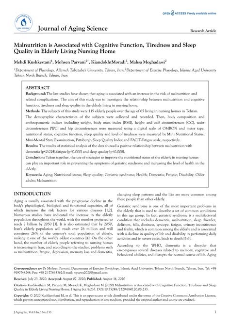 Pdf Malnutrition Is Associated With Cognitive Function Tiredness And Sleep Quality In Elderly
