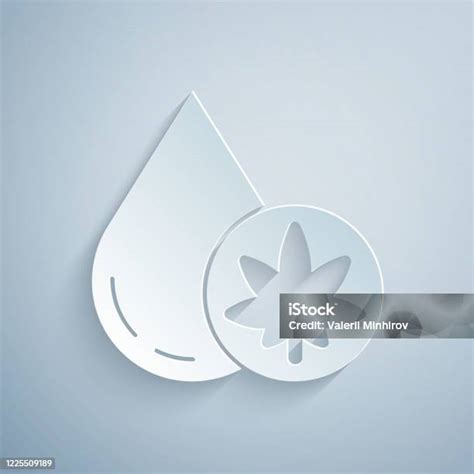 종이 컷 의료 마리화나 또는 대마초 잎 올리브 오일 드롭 아이콘 회색 배경에 고립 대마초 추출물 대마 기호입니다 종이 아트 스타일입니다 벡터 일러스트레이션 0명에 대한 스톡