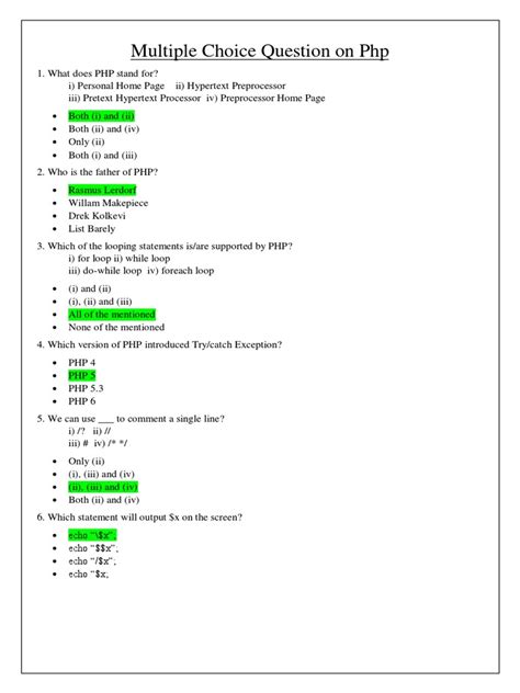 Multiple Choice Question On Php Pdf Class Computer Programming