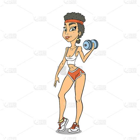 卡通运动女孩用哑铃做练习