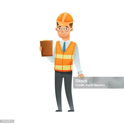 오렌지 안전 헬멧과 노트 만화 벡터 일러스트와 서쪽 개최 태블릿에서 남성 엔지니어 캐릭터 만화에 대한 스톡 벡터 아트 및 기타